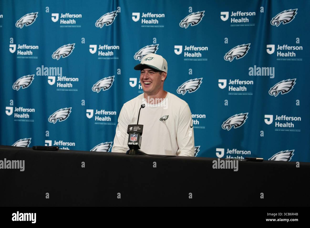 Philadelphia Eagles quarterback Tanner McKee speaks during a news ...