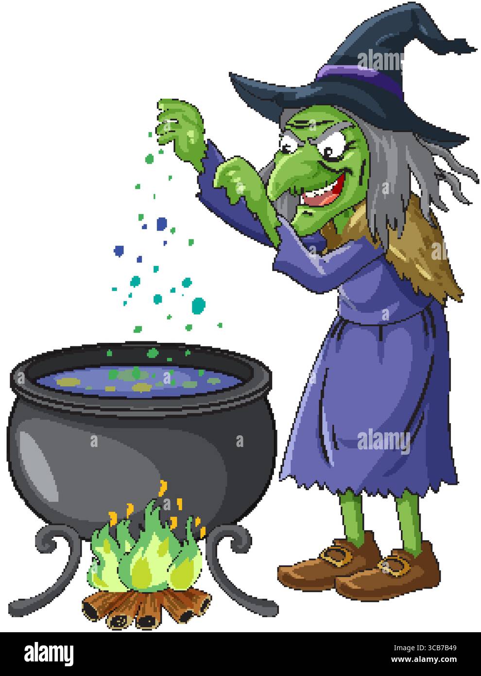 A whimsical witch stirs a bubbling potion in a cauldron. Bright colors ...