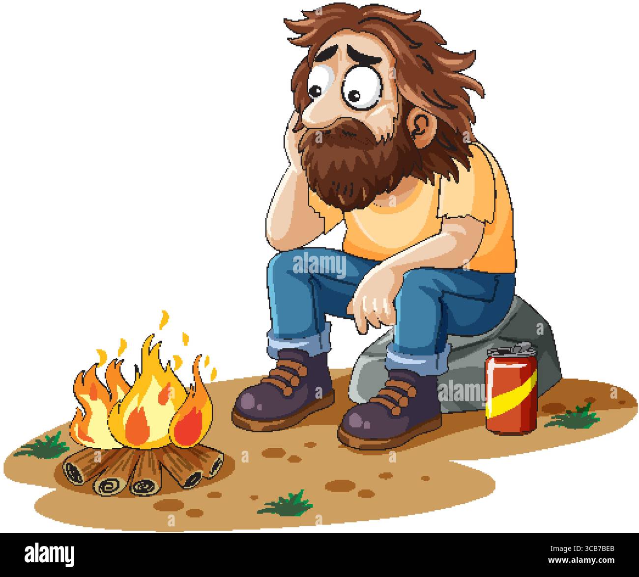 Cartoon illustration of a bearded man sitting on a rock by a campfire ...