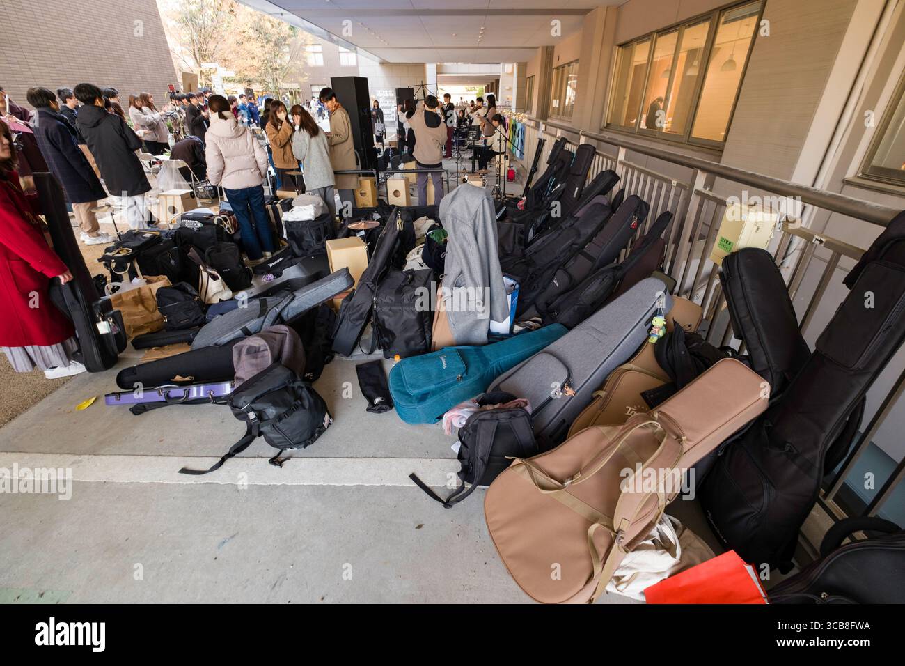 Collection of musical instruments, equipment, and personal bags ...