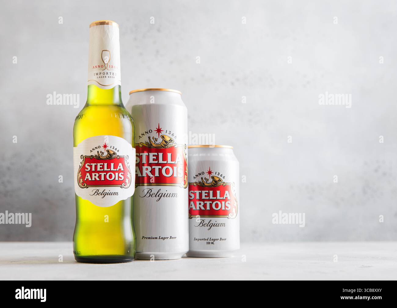 LONDON,UK - AUGUST 10,2025: Aluminum cans and bottle of Stella Artois ...