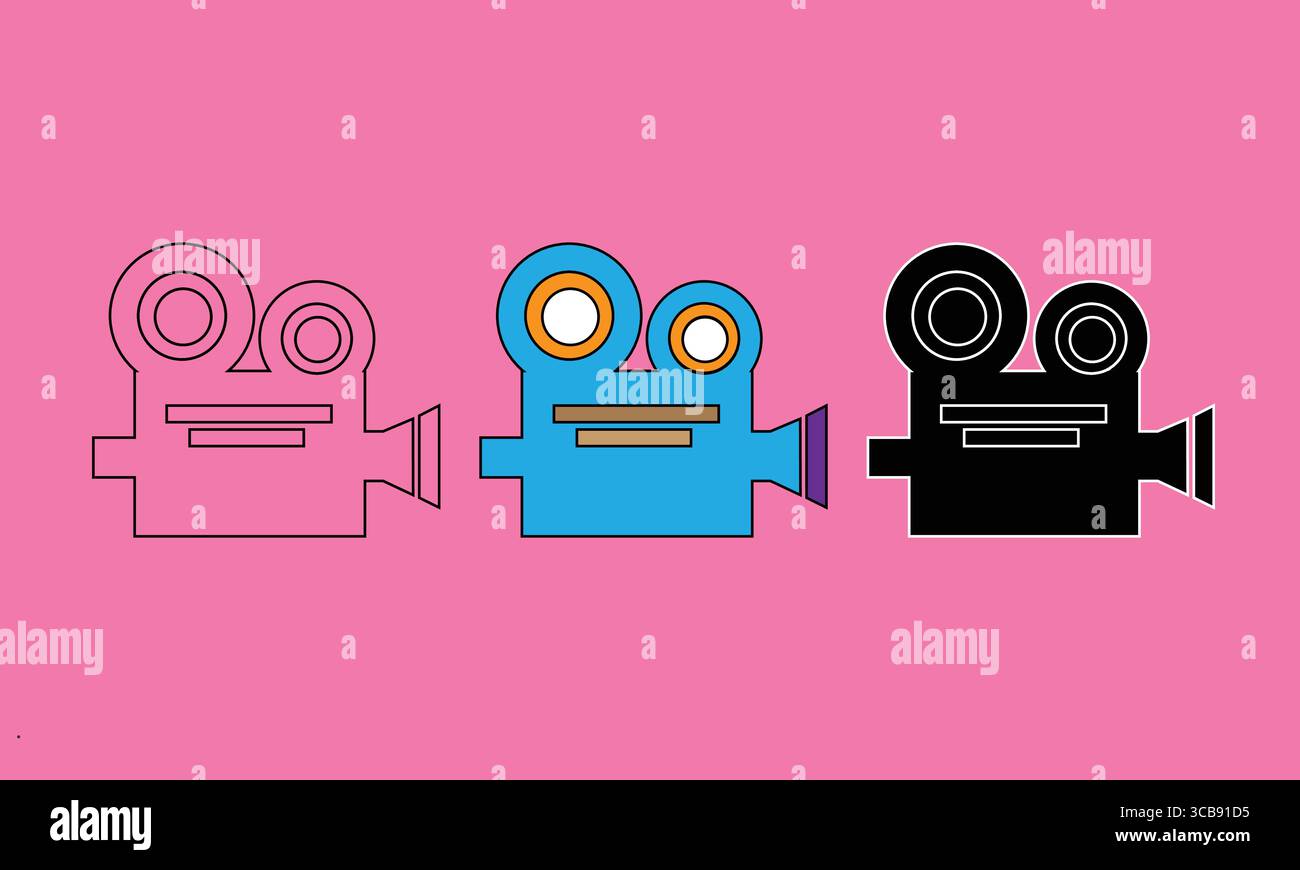 Retro Movie Camera Icon Set: Outline, Colorful, and Silhouette Stock ...