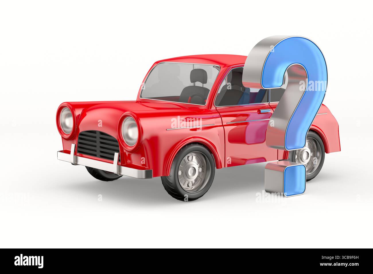 Red car and question mark on white background. Isolated 3D illustration ...