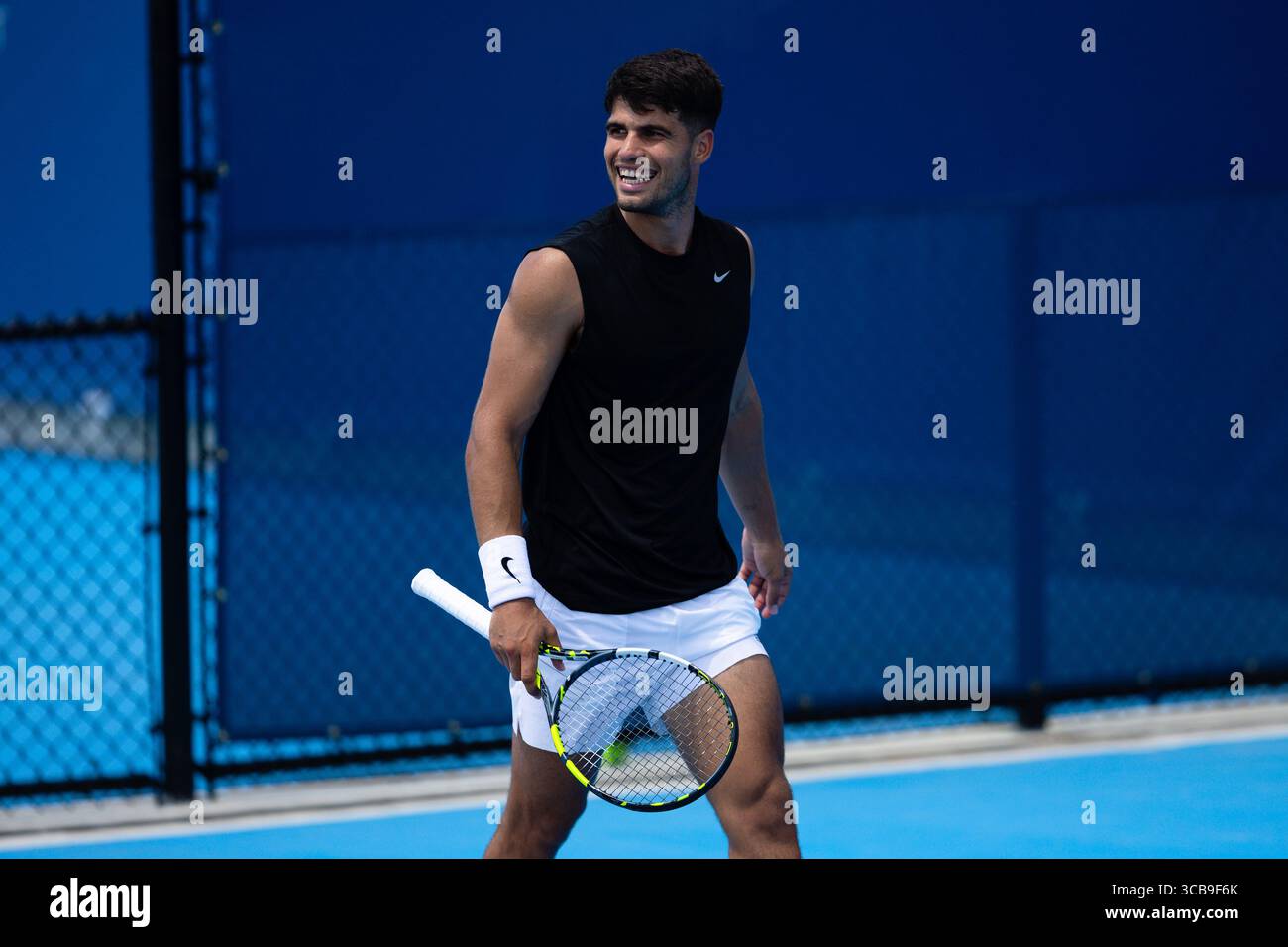 MASON, OHIO - AUGUST 07: Carlos Alcaraz of Spain practices on Day 1 of ...