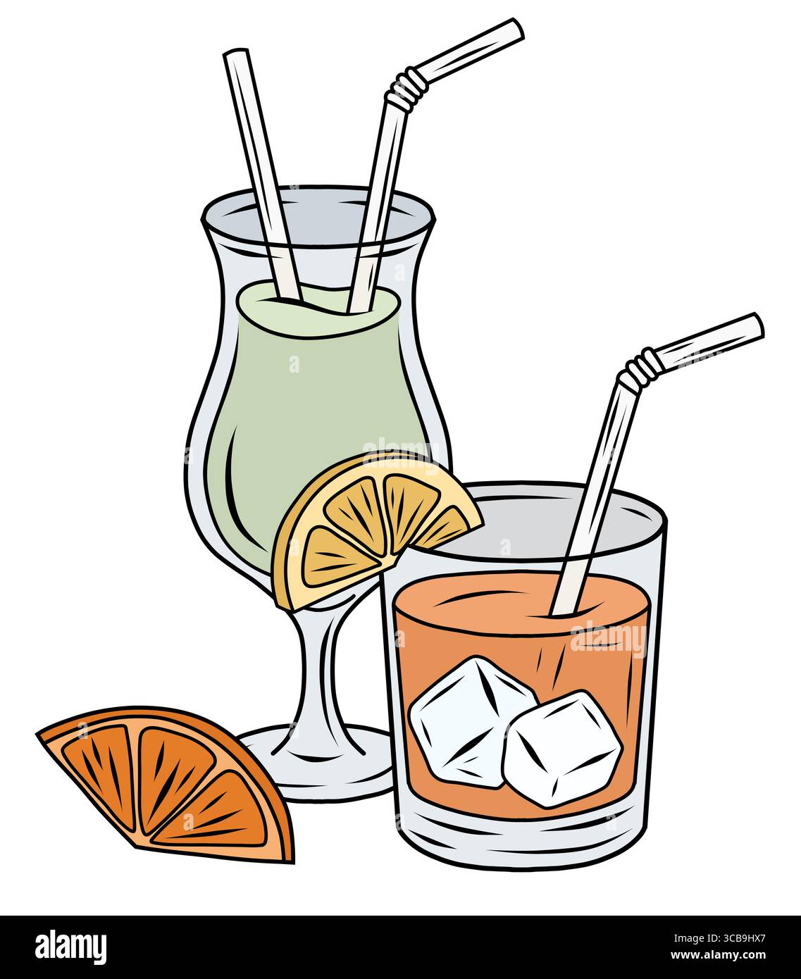 Vector drawing of two colorful cocktails with ice cubes, lemon garnish ...
