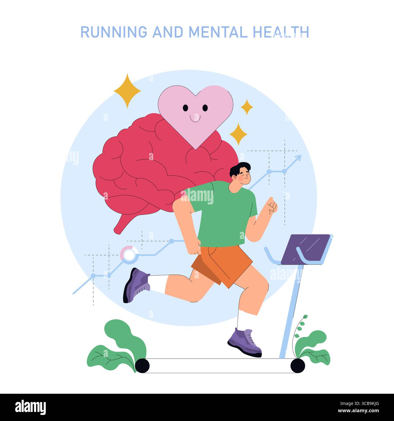 World Running Day concept. A man runs on a treadmill with a happy brain ...
