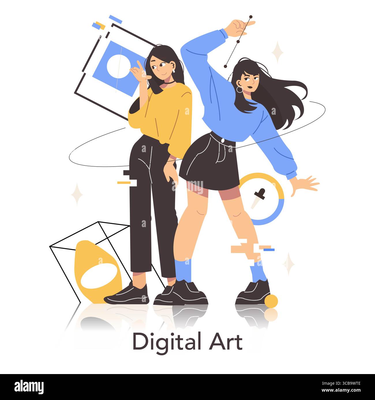 Two animated women express friendship and energy through dynamic poses ...