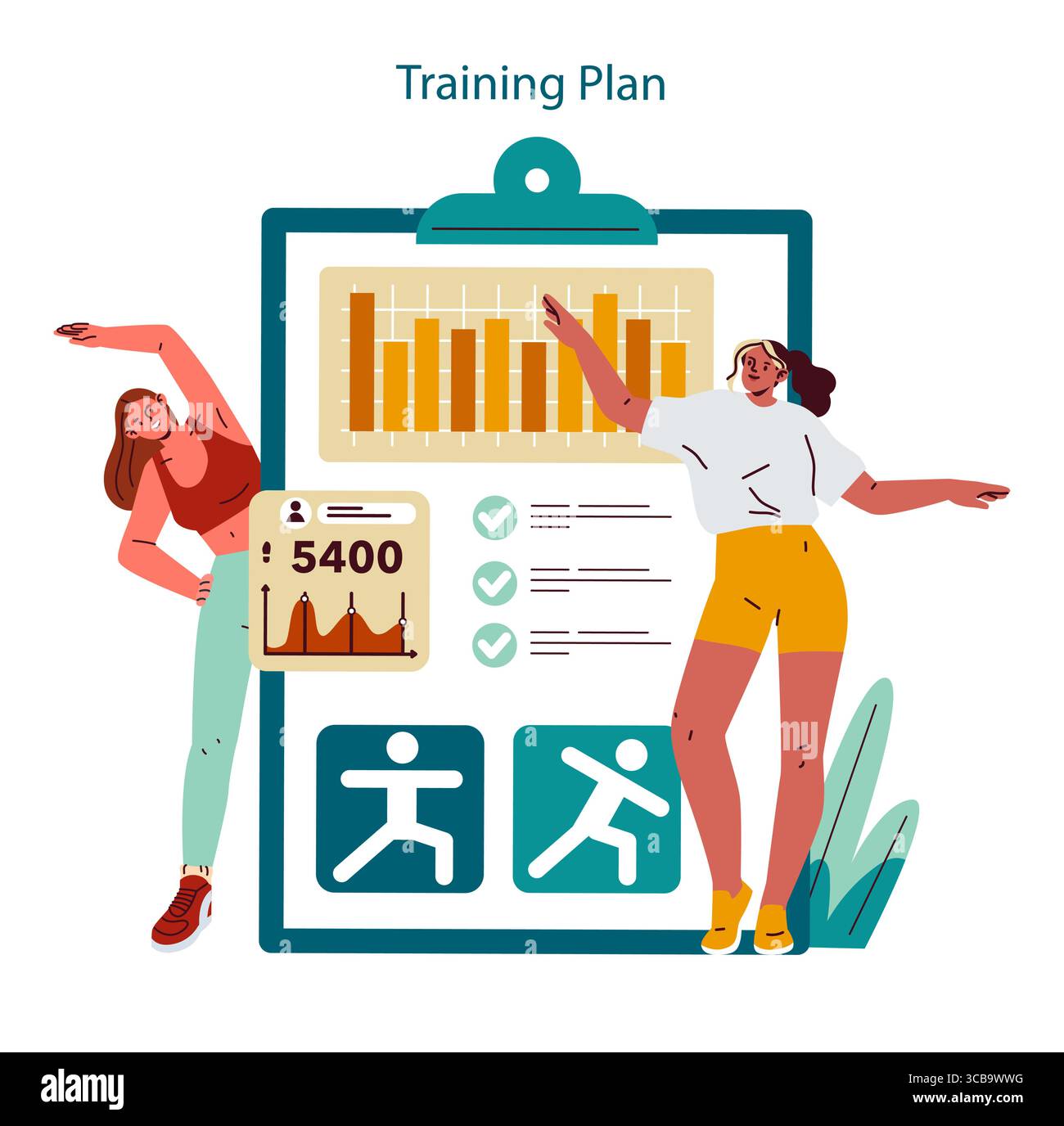 Personal Trainer concept. Two women warm up near a detailed training ...