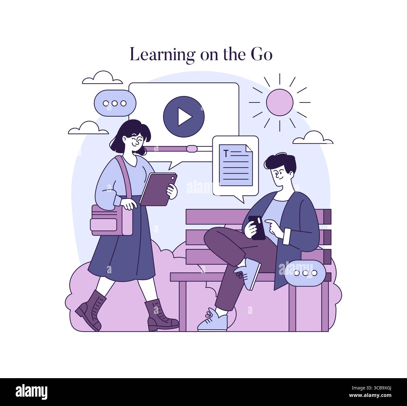 Vector illustration depicts two people interacting digitally outdoors ...