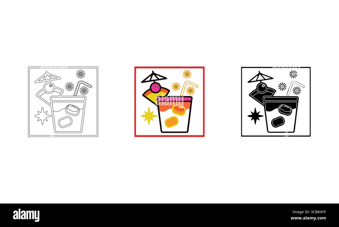 Summer Cocktail Illustrations in Outline, Color, and Silhouette Styles ...