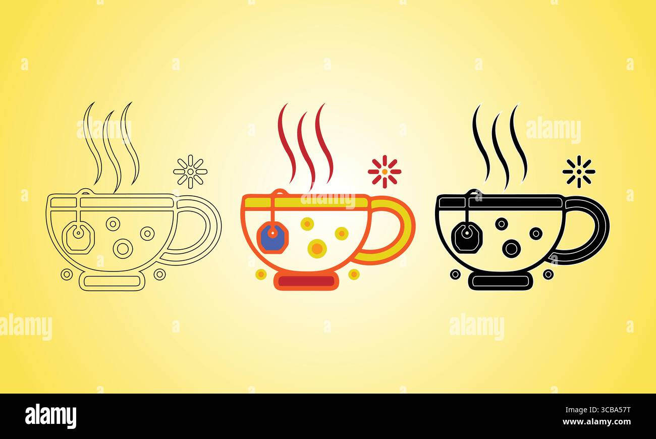 Colorful Digital Art of Tea Cups with Steam and Decorative Elements ...