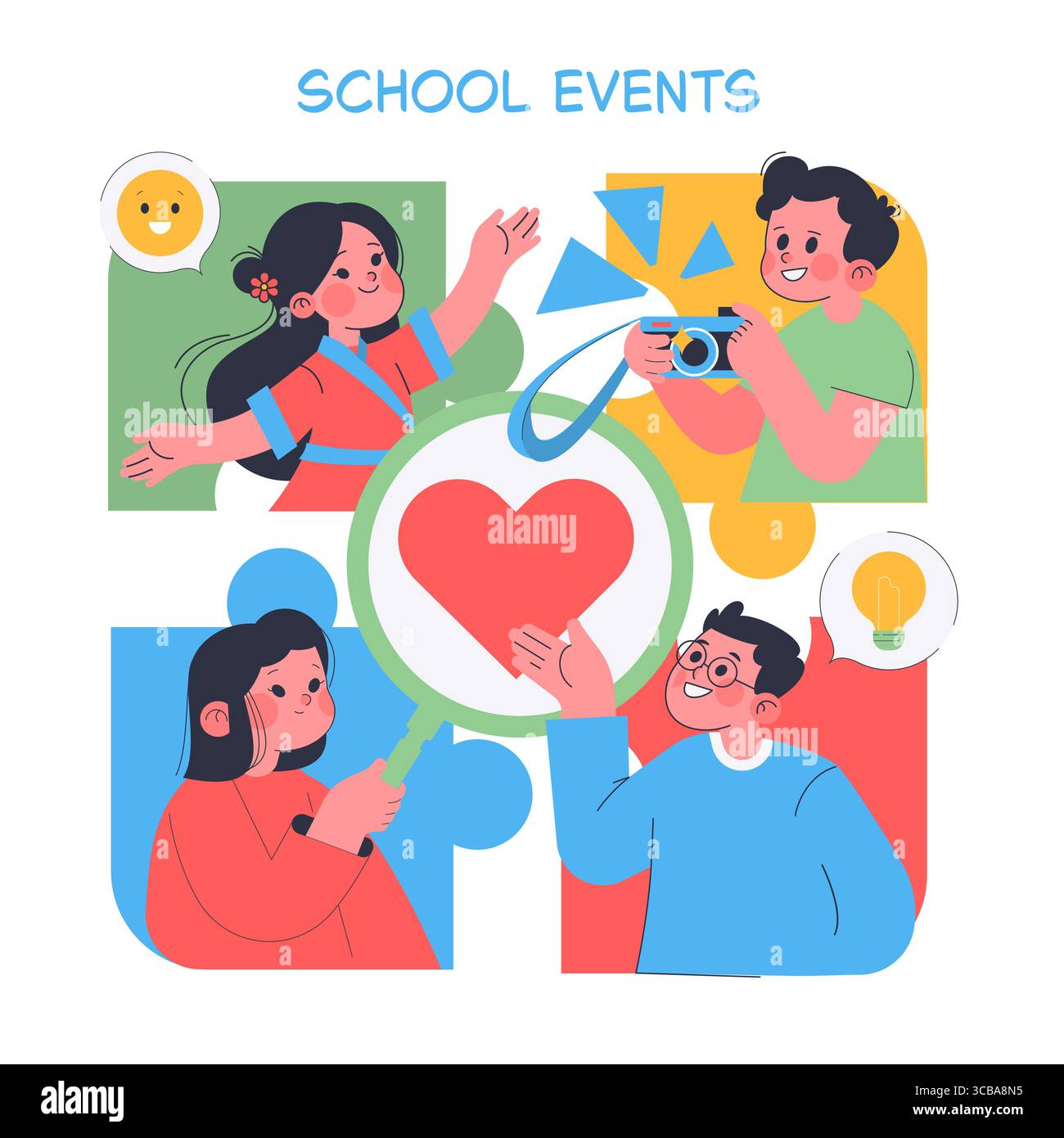 Colorful vector illustration depicting school events with children ...