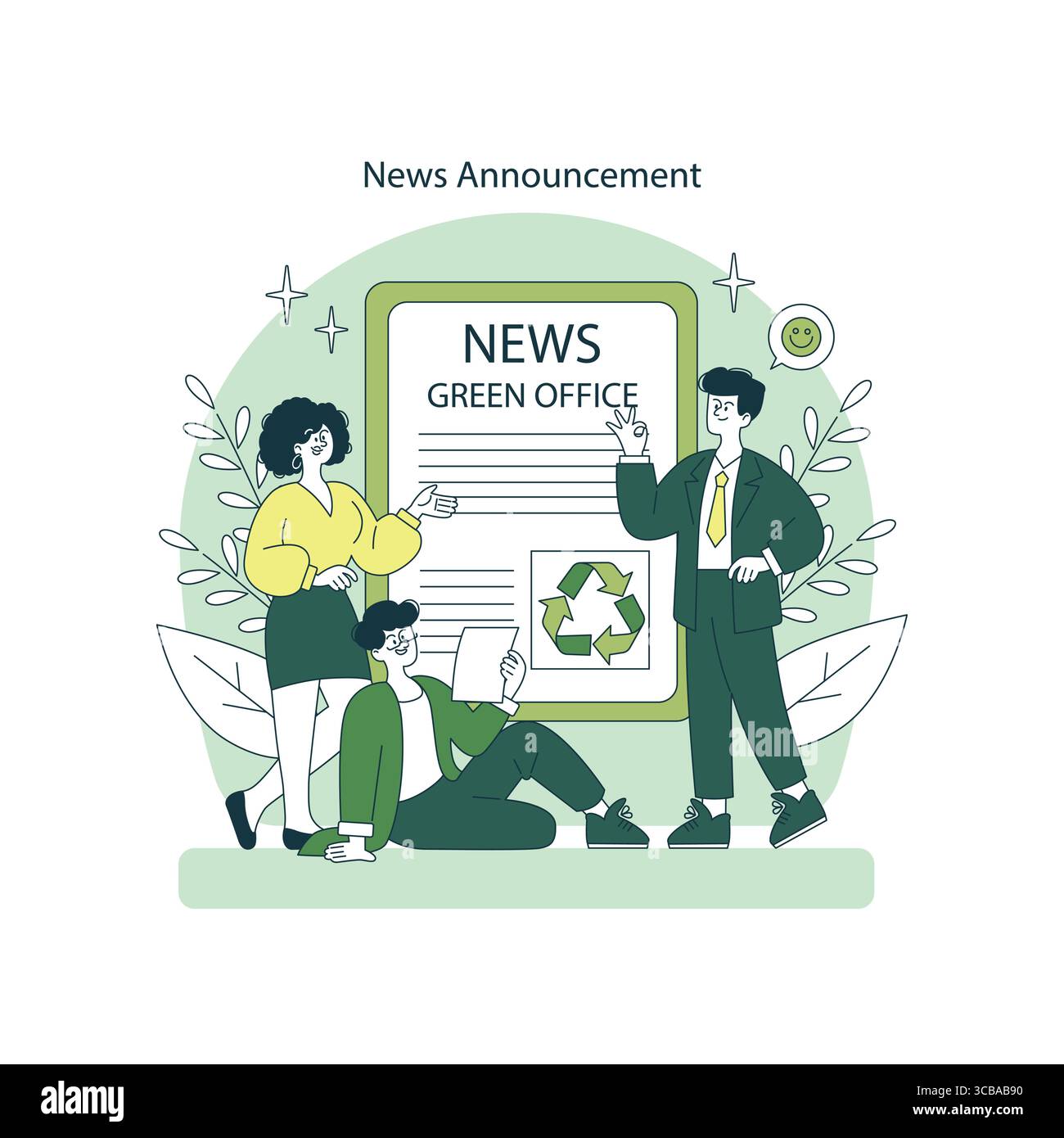Vector illustration showing three people announcing a green office ...