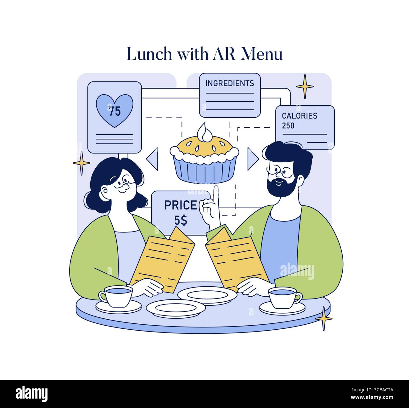 Vector illustration of two people using an interactive augmented ...