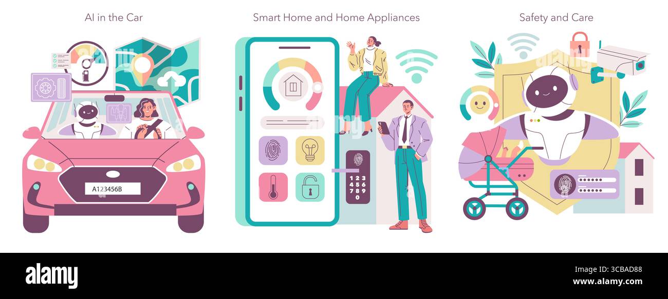 Vector illustration depicting AI in a car with a human driver, smart ...