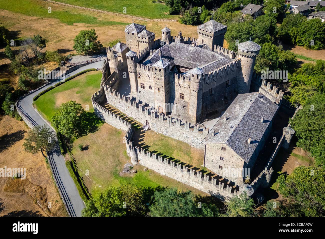 Aerial view of the medieval Fenis castle in summer. Fenis, Aosta Valley ...