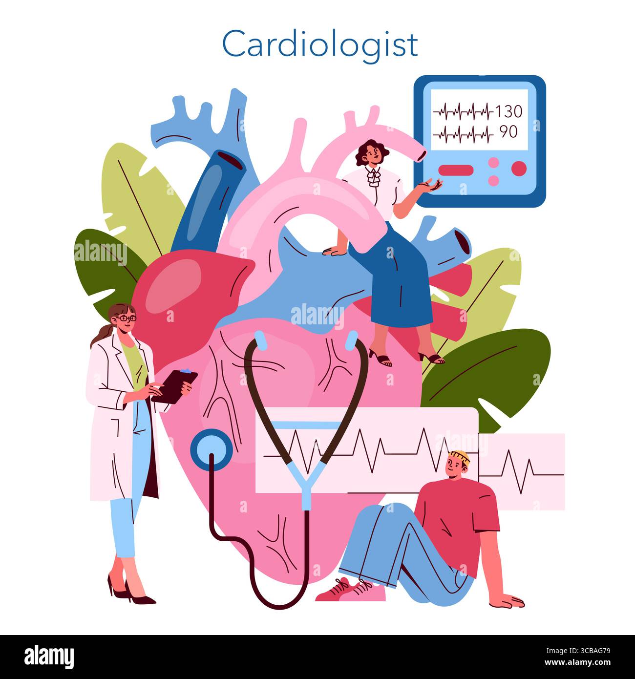 Vector illustration featuring a doctor and patients interacting with a ...