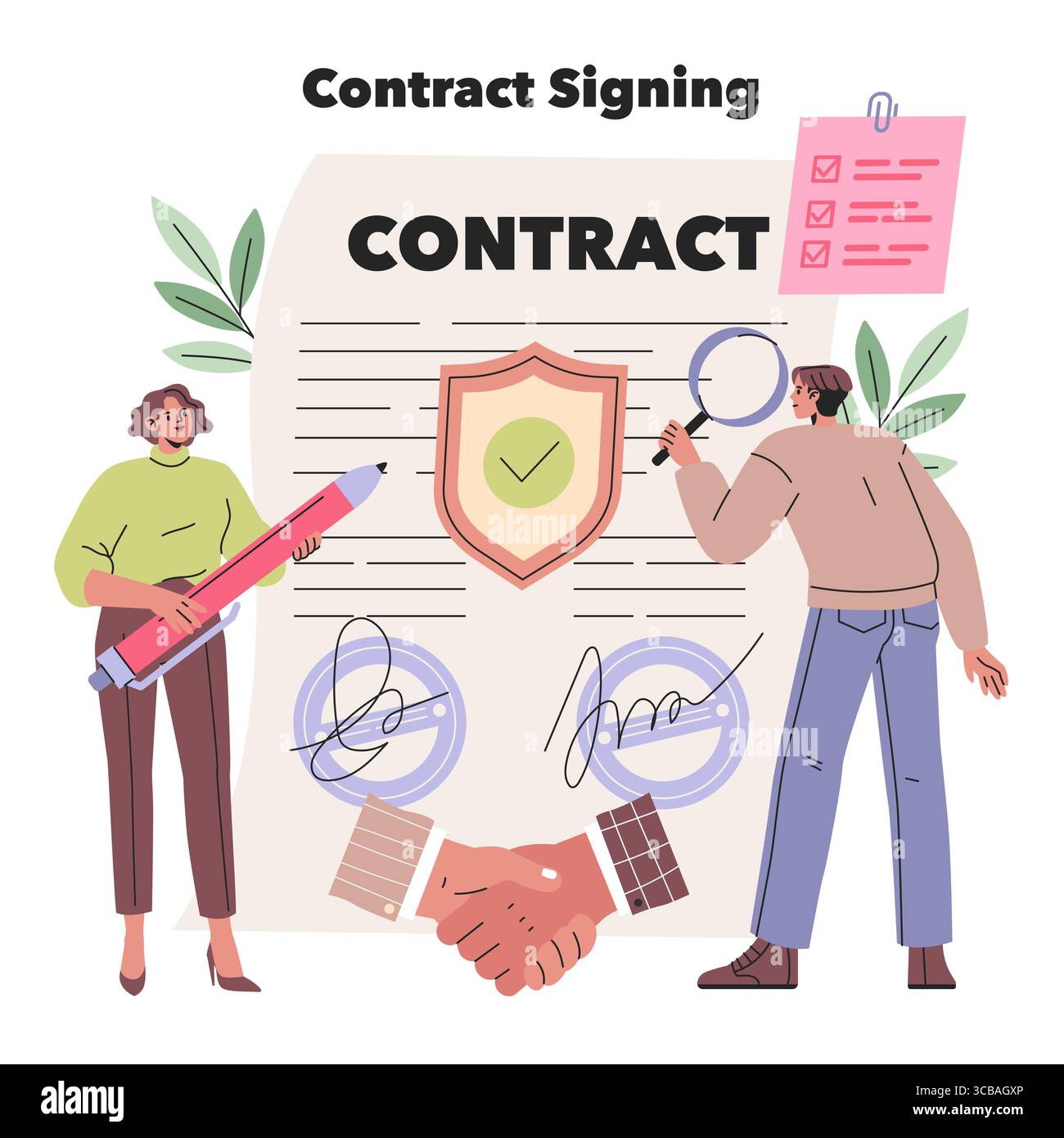 Vector illustration depicting contract signing activity. Features two ...