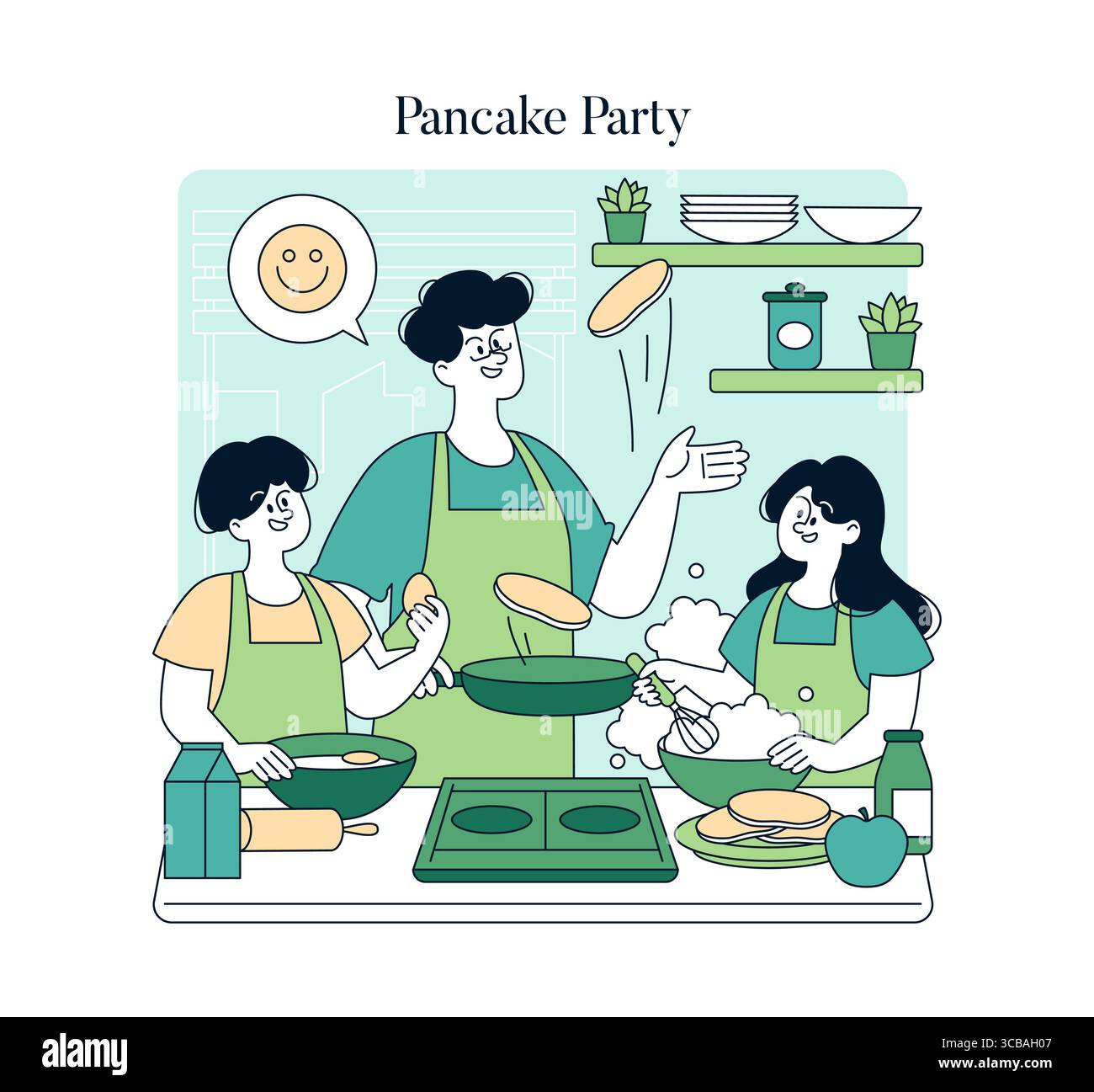 Dad and the kids enjoy a pancake party at home, flipping pancakes in ...