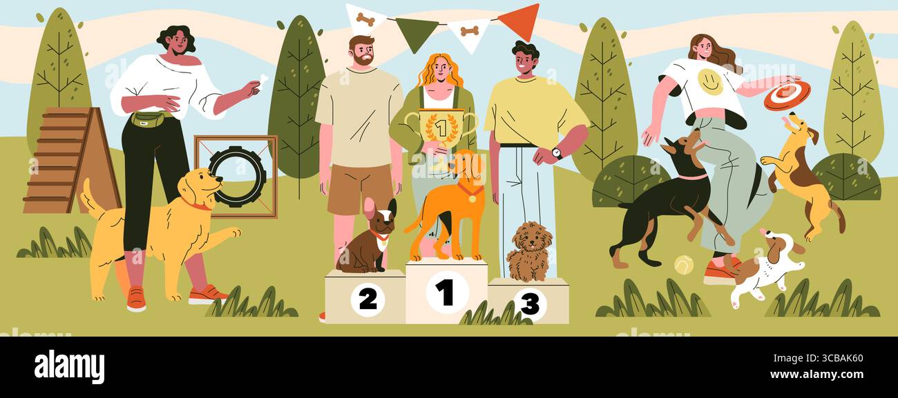 People and their dogs celebrating at a competition award ceremony with ...