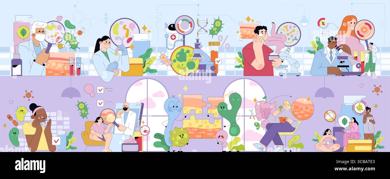 Scientists in a microbiology lab are engaged in various activities ...