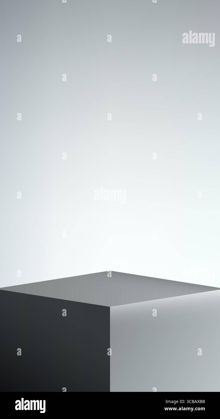 A clean geometric gray cube pedestal set in a minimal white gradient ...