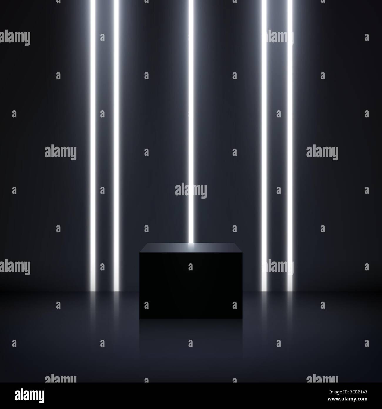 3d futuristic black cube sits on reflective surface lit by glowing ...