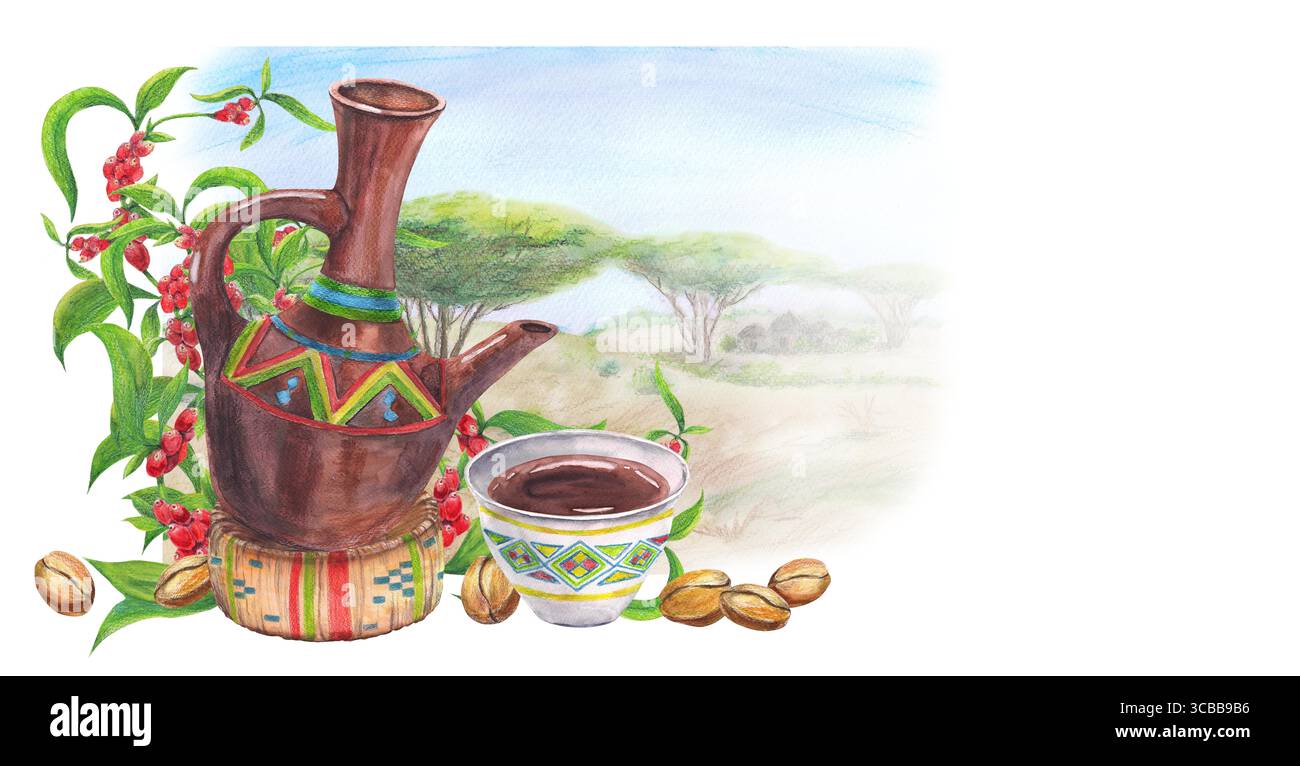 Ethiopian landscape, traditional coffee pot cup with ornament, straw ...