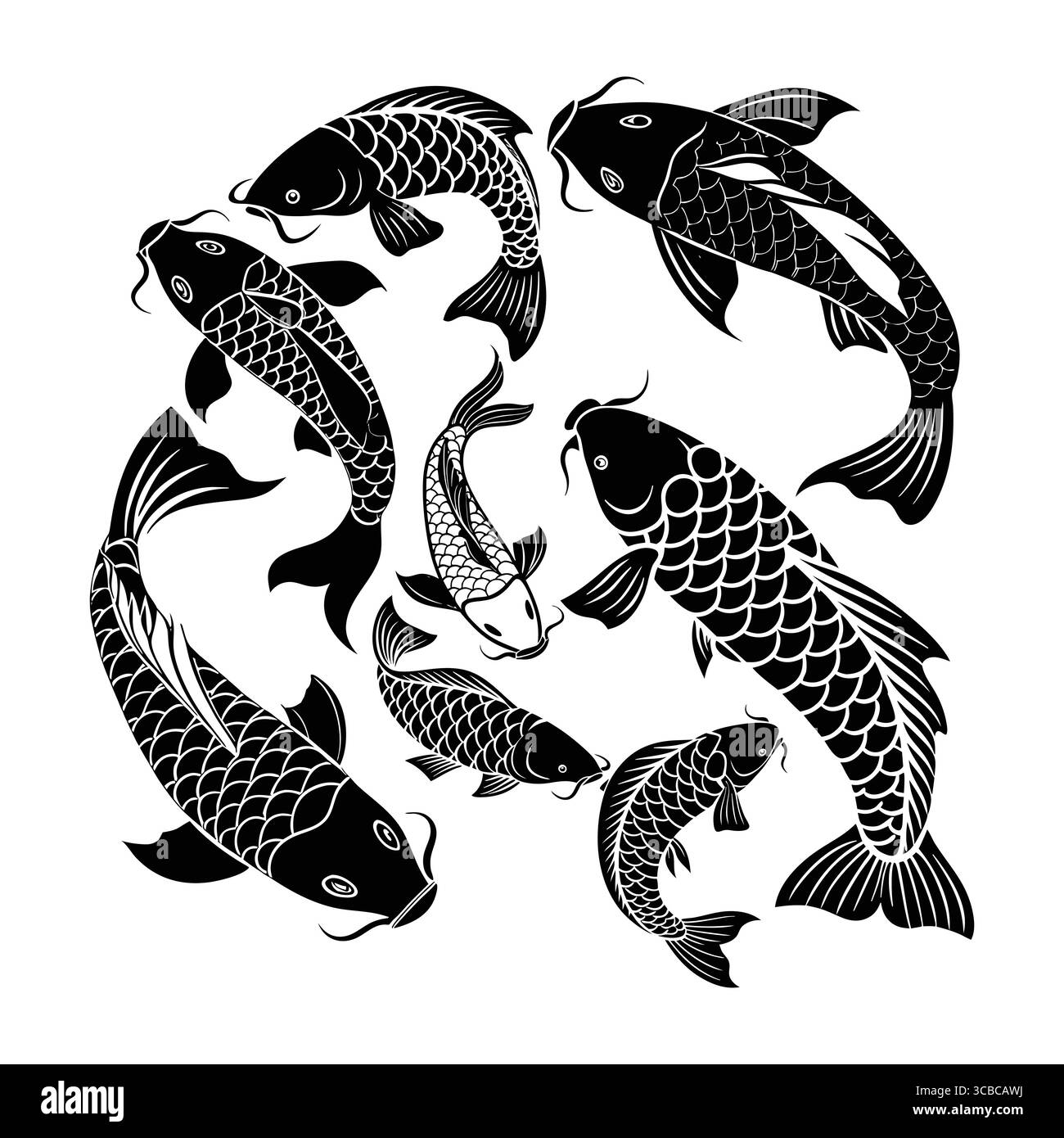Black and White Stylized Koi Fish Swimming in Circle Arrangement Stock ...