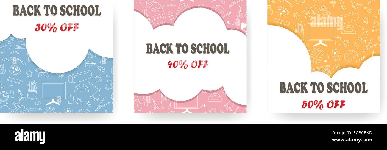 Back to school square post layout set. Template with stationery and ...