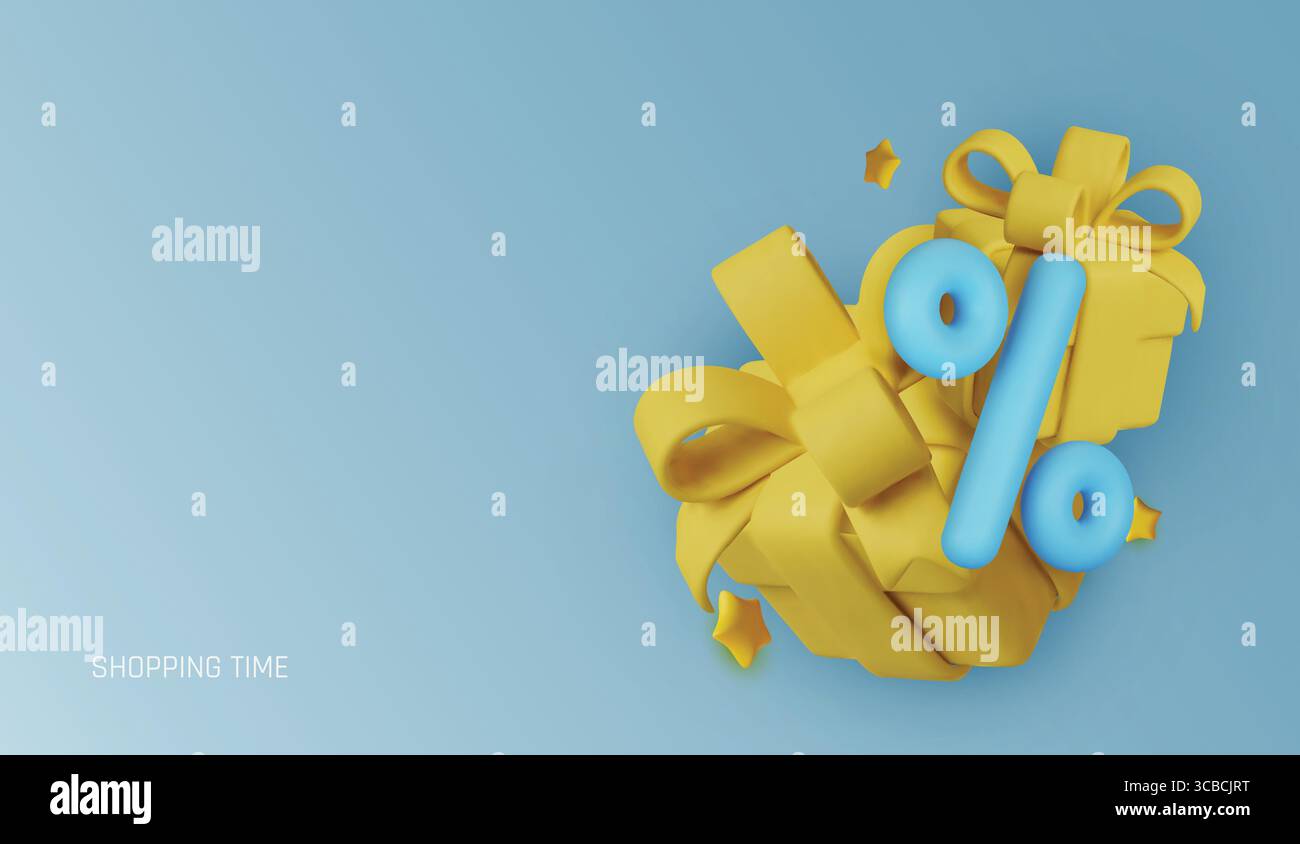 3D yellow presents with discount symbols on blue background Stock ...