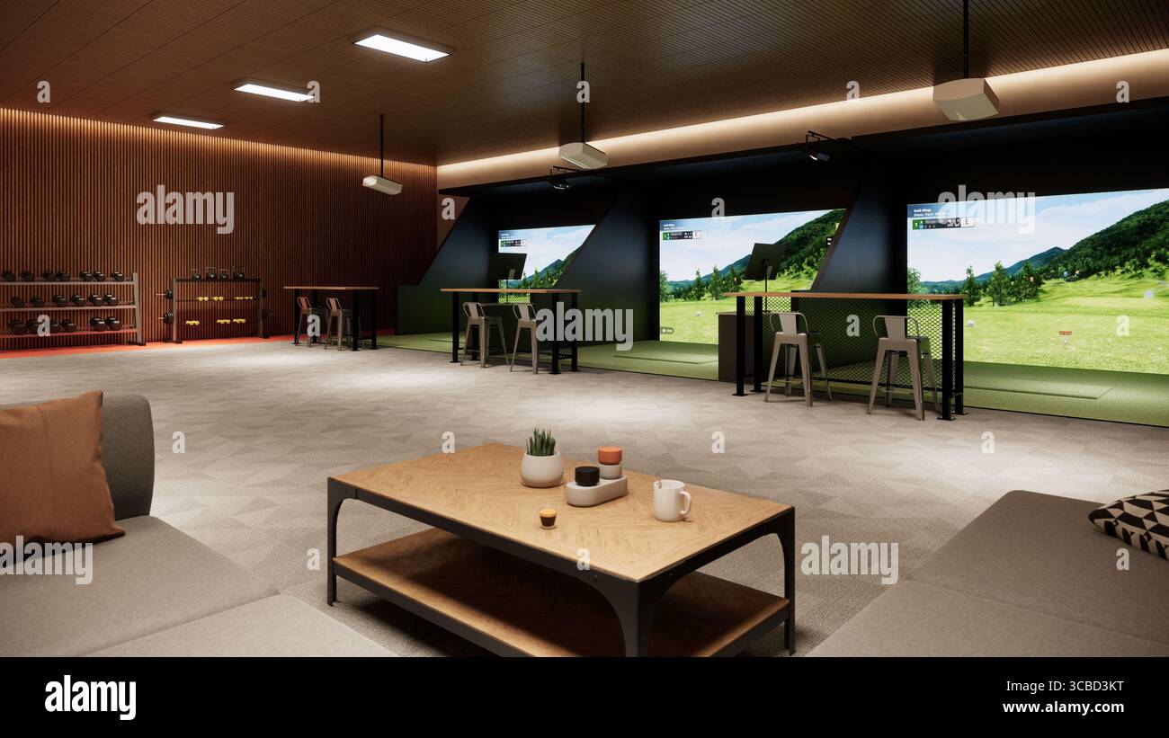 Indoor Golf Simulator with Lounge and Fitness Equipment Stock Photo - Alamy