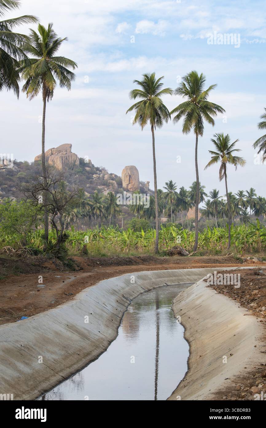 Watering system canal, agricultural fields near Hampi, South India ...