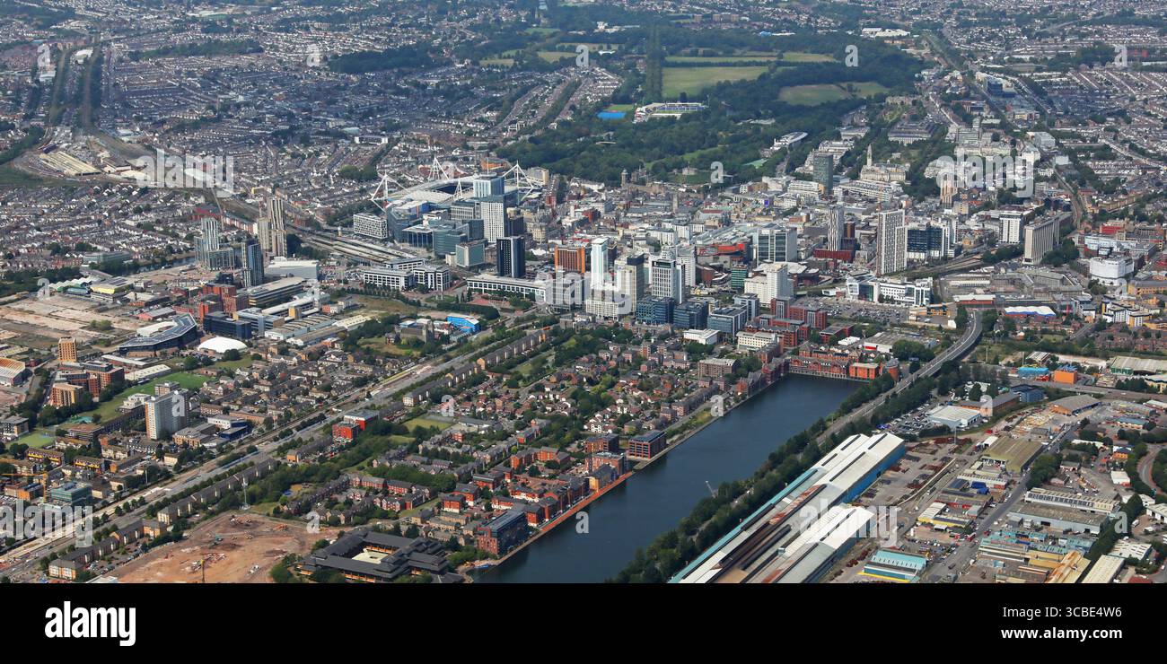 aerial view of the Cardiff city centre skyline from the south east ...