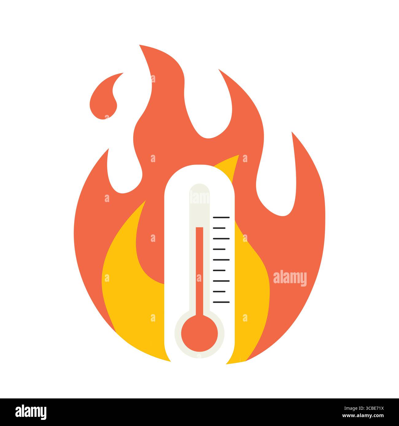 red thermometer in fire flames, high temperature warning, hot summer ...