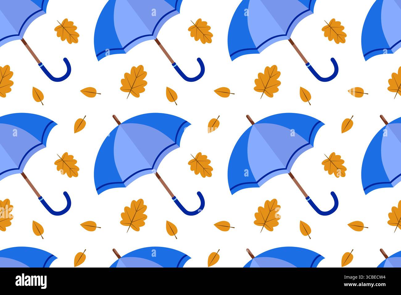 Autumn seamless pattern with blue umbrellas with falling leaves in ...