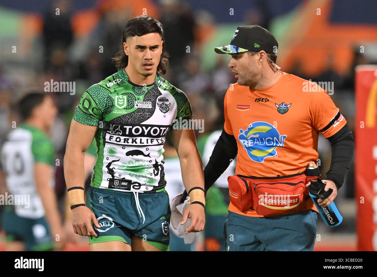 Raiders Kaeo Weekes is sin binned during the NRL Round 23 match between ...