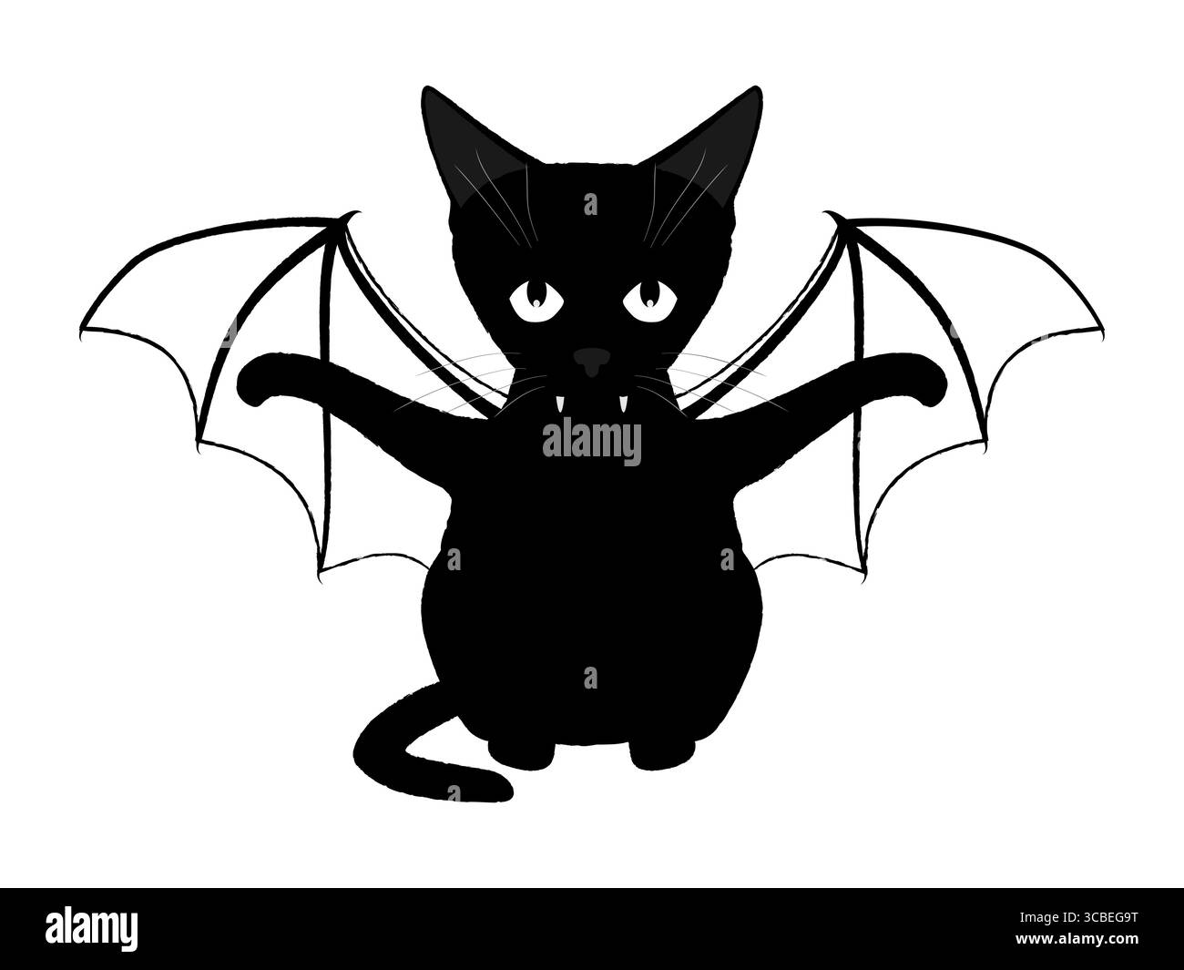 A fierce cat with protruding fangs spreads its paws and bat-like wings ...