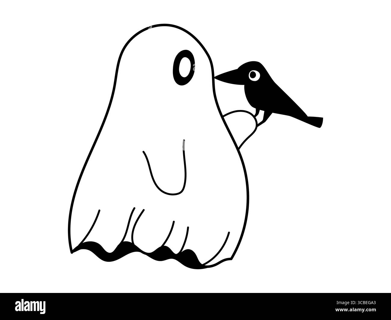 Cute spooky ghost with black crow sitting on the hand. Hand drawn ...