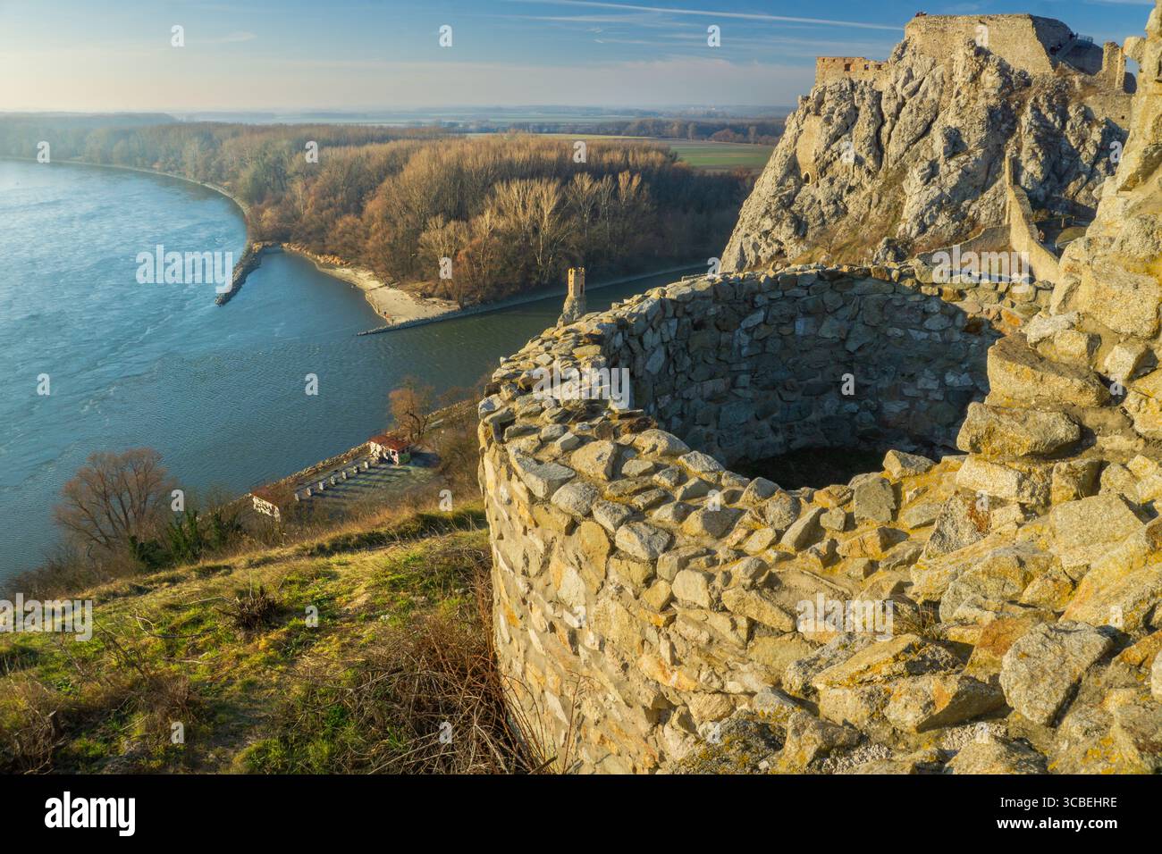Aerial view of the ancient Devin Castle ruins standing proud against ...