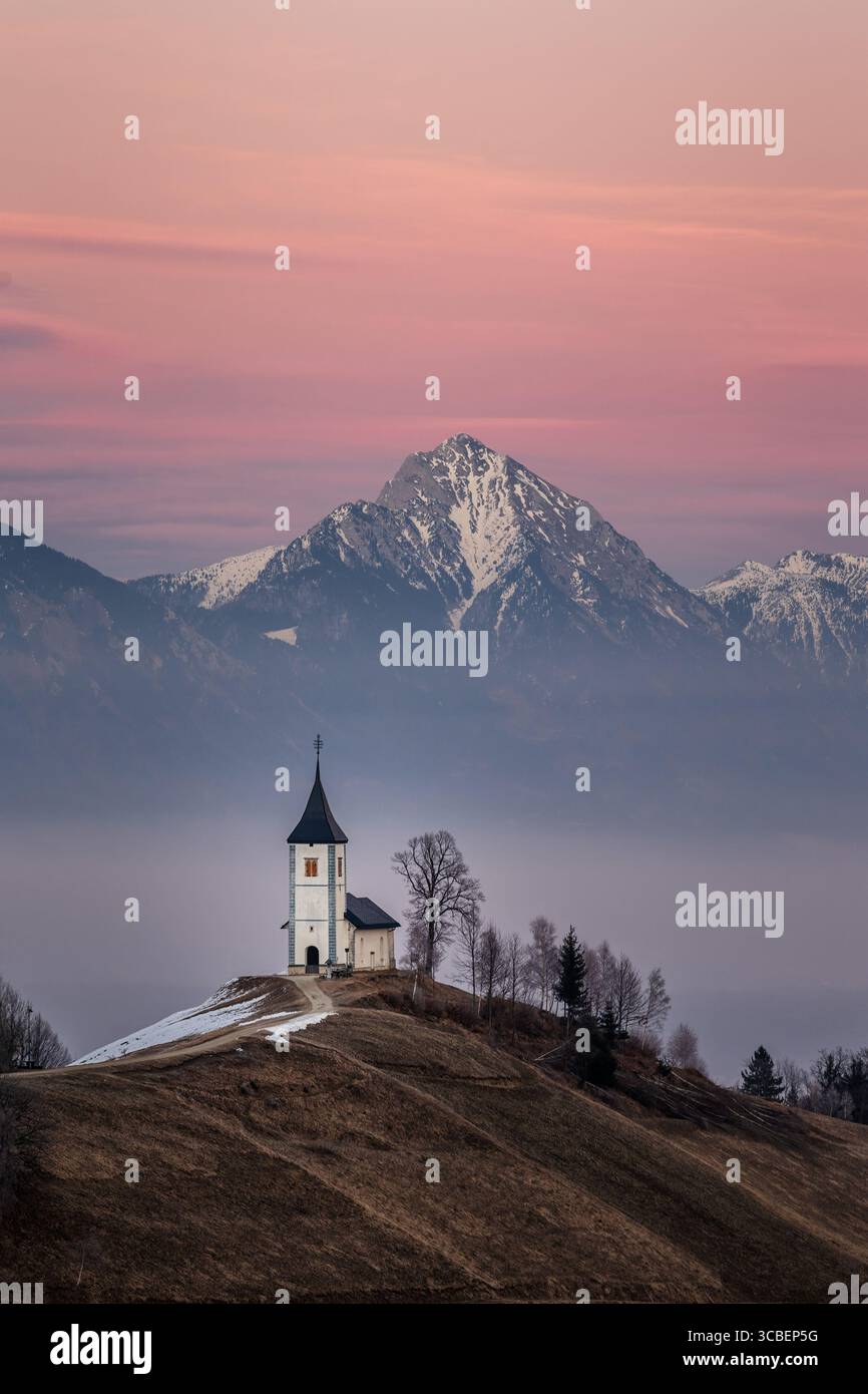 Church of St Primoz on Hilltop with Snowy Julian Alps at Sunrise in ...