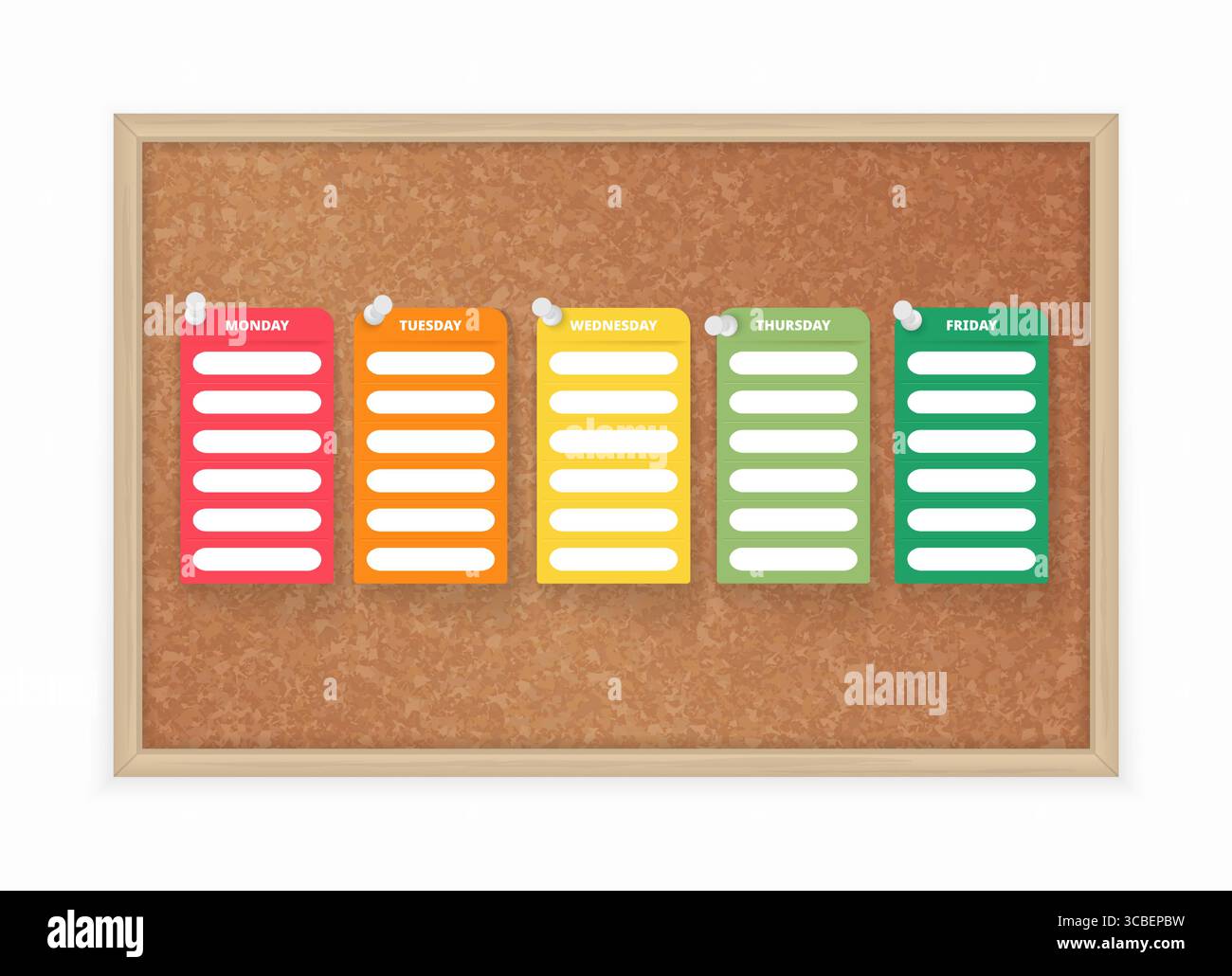 Vector illustration of a clean weekly schedule pinned to a corkboard ...