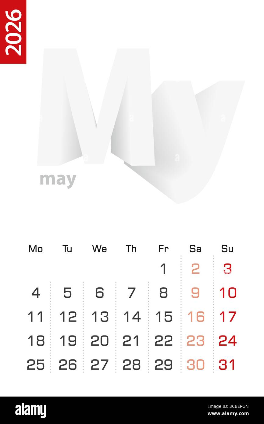 Minimalist calendar template for May 2026, vector calendar in English ...