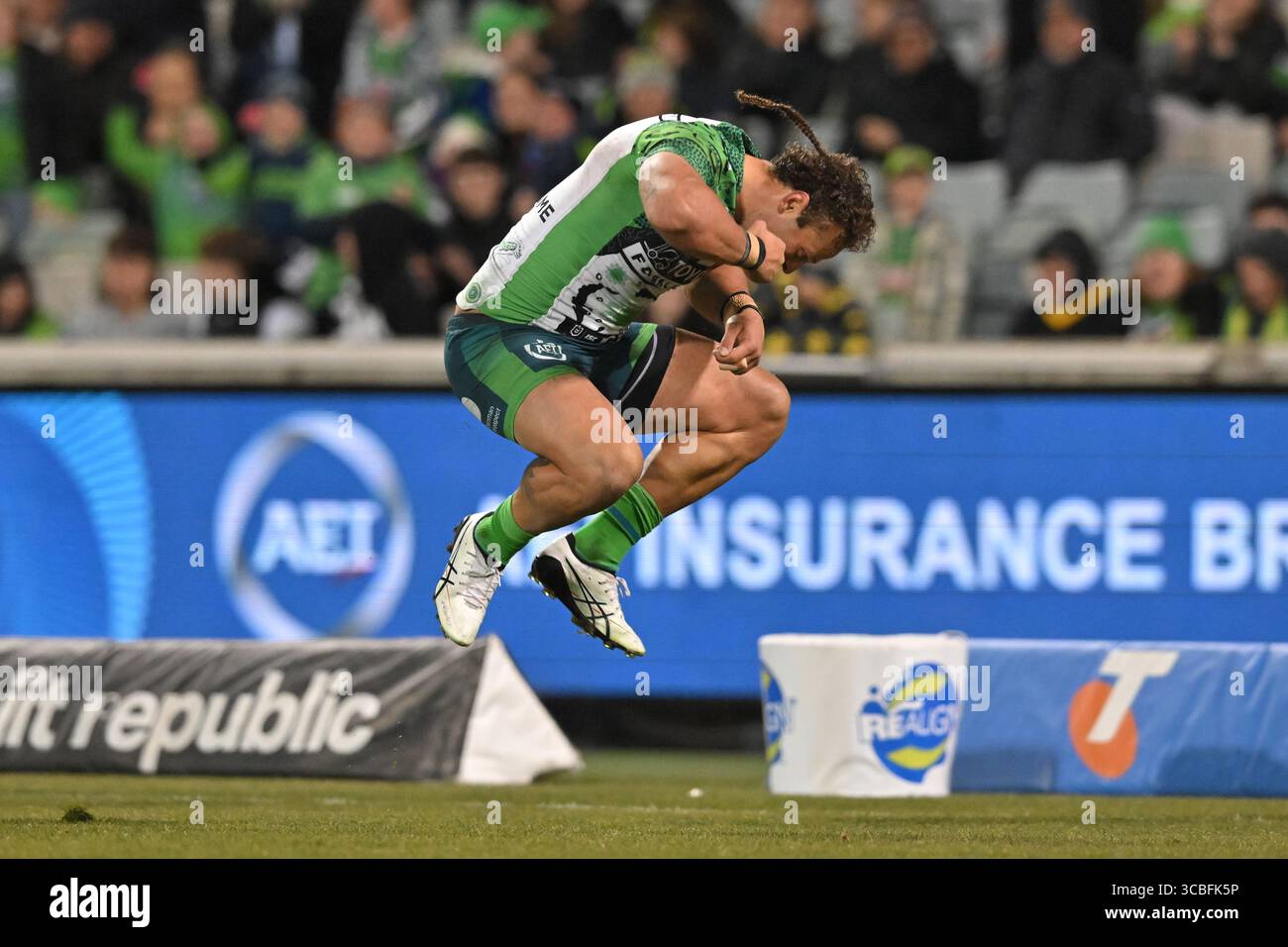 Raiders Sebastian Kris celebrates after scoring a try during the NRL ...