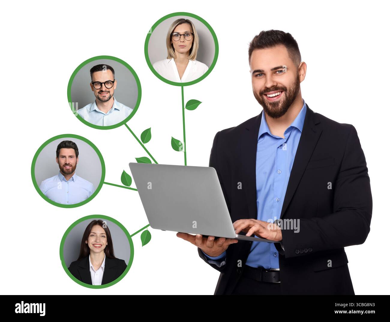 Recruiter with laptop looking for employee against white background ...