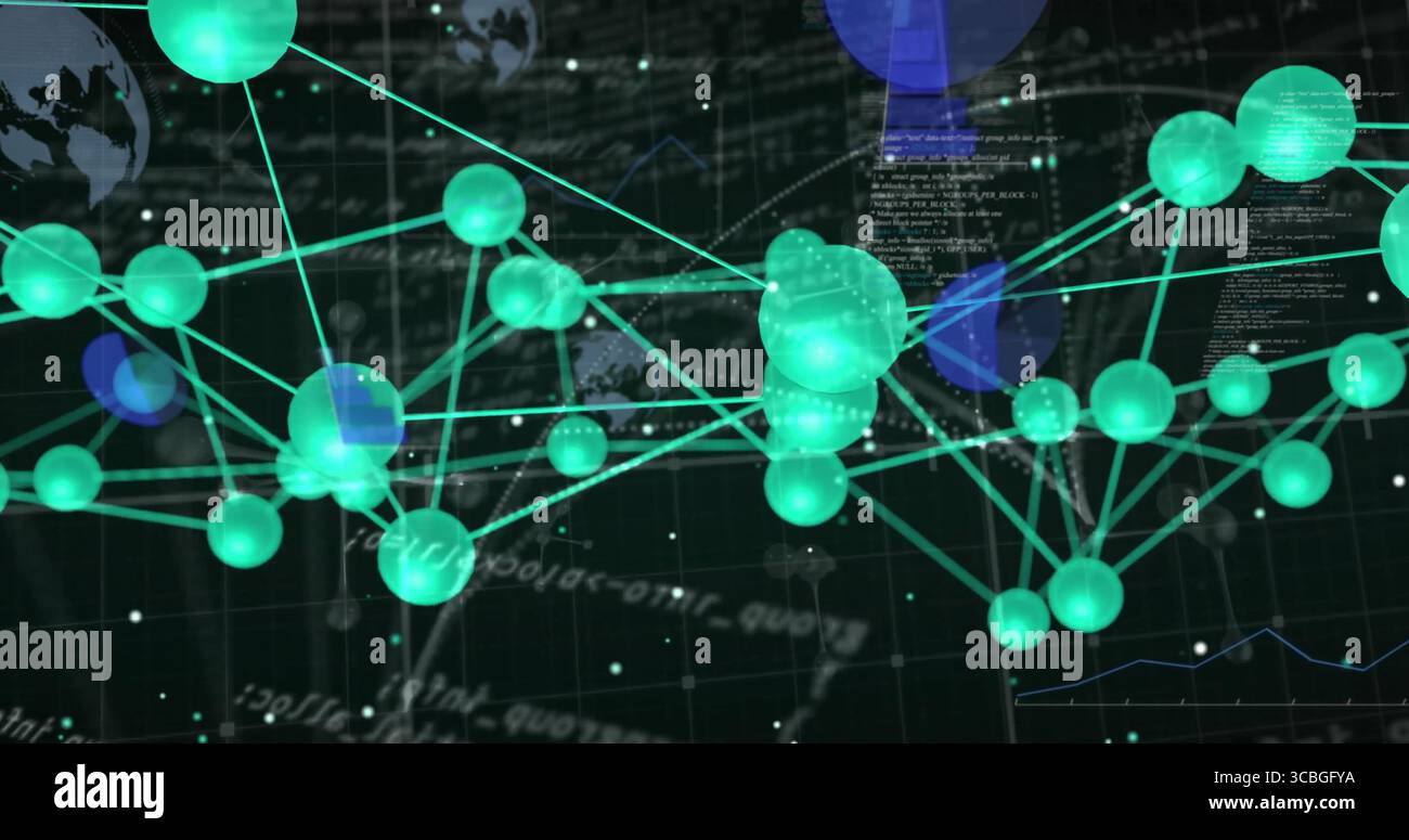 Displaying glowing green spheres connecting via lines on dark grid with code, overlays, data ...