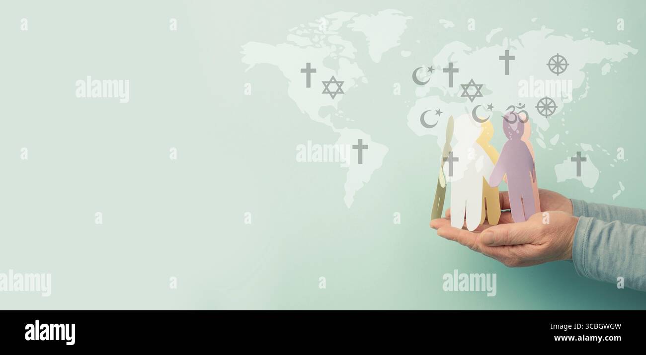 World religion day, people with symbols of different religious belief ...