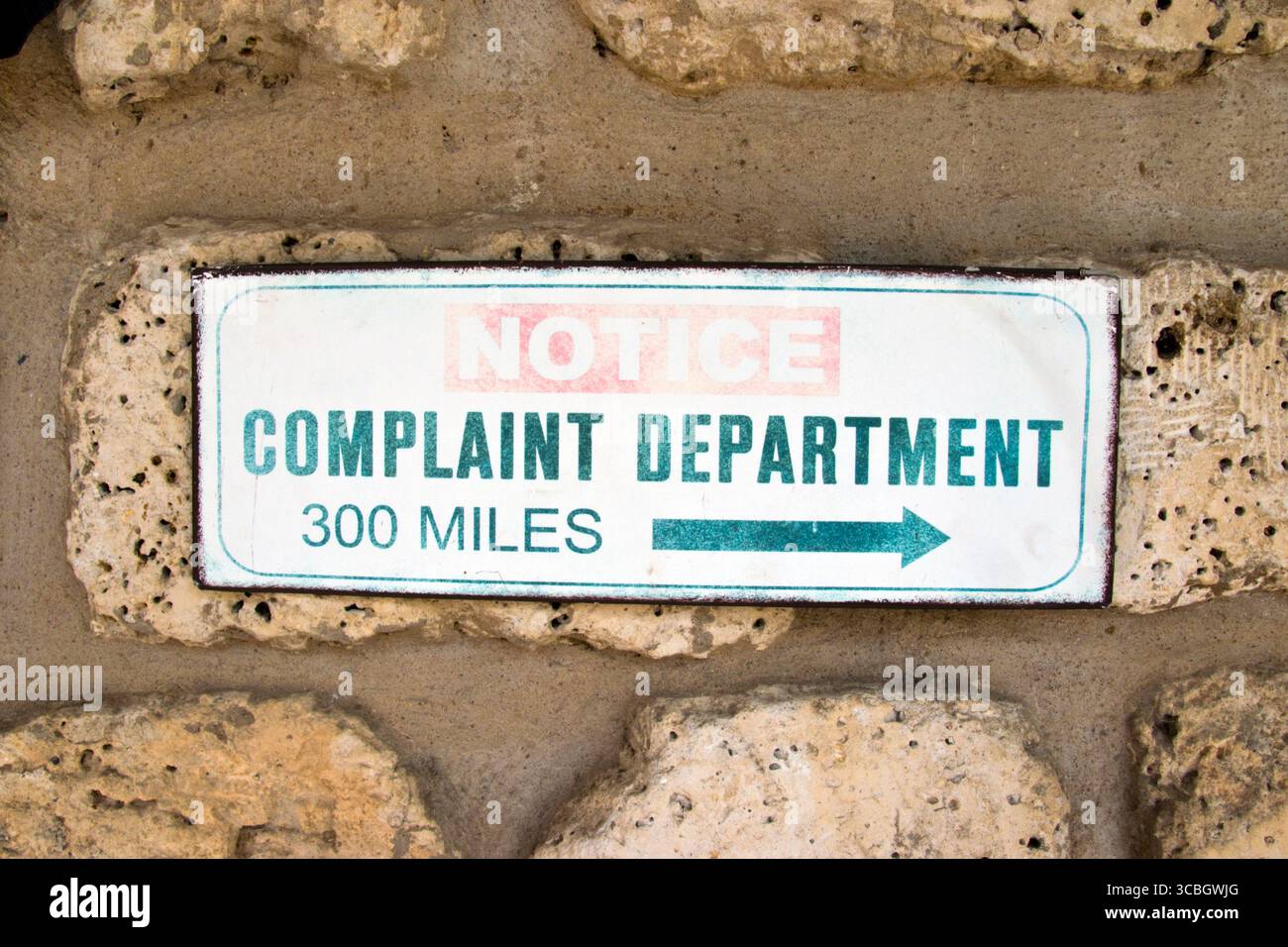 A funny sign for the complaint department at the entrance to the Hoba ...