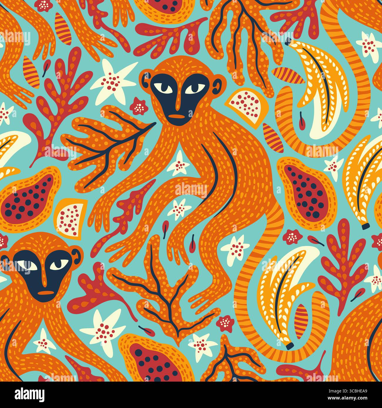 Whimsical Monkeys Exotic Vintage Seamless Vector Jungle Pattern ...