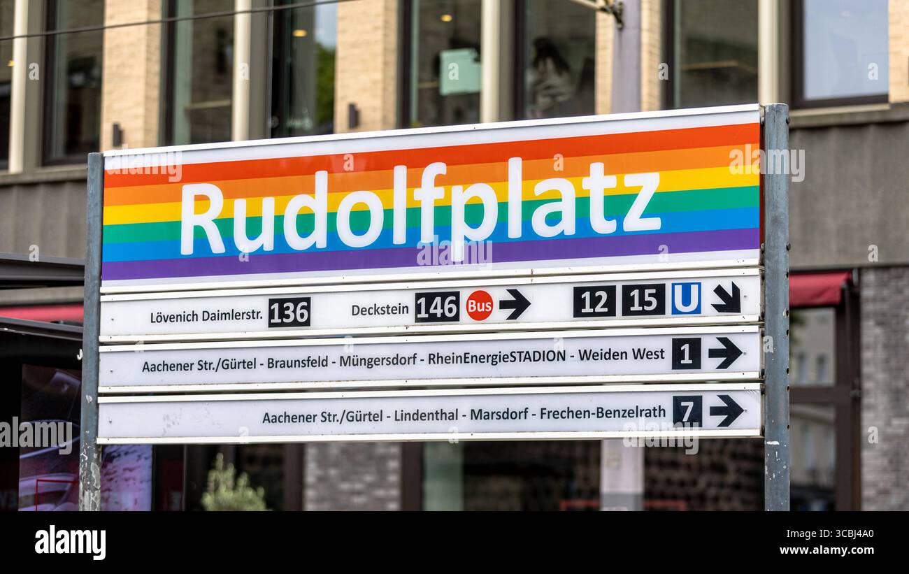 KVB - Haltestellenschild am Kölner Rudolfplatz in Pride Farben - 08.08. ...